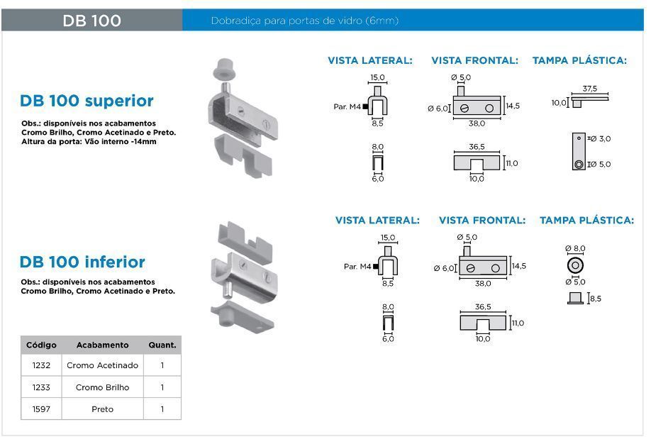 Acessório Divisor de Dobradiça Porta de Vidro DB 100 - Rometal - GMAD